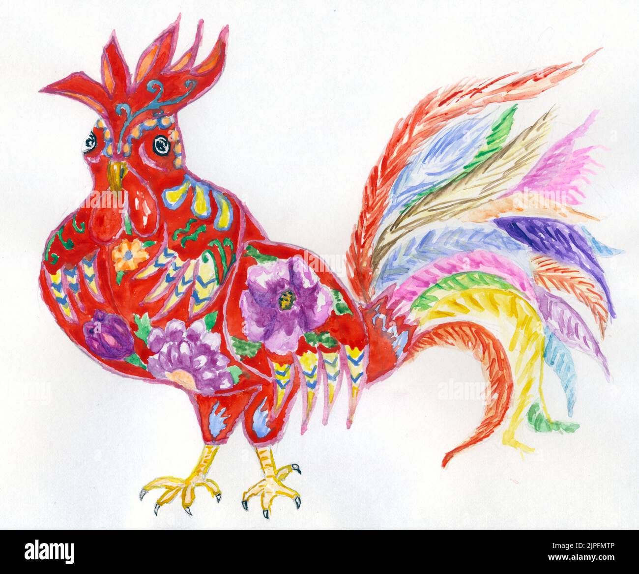 Red rooster with flowers decor hand drawn illustration Stock Photo - Alamy