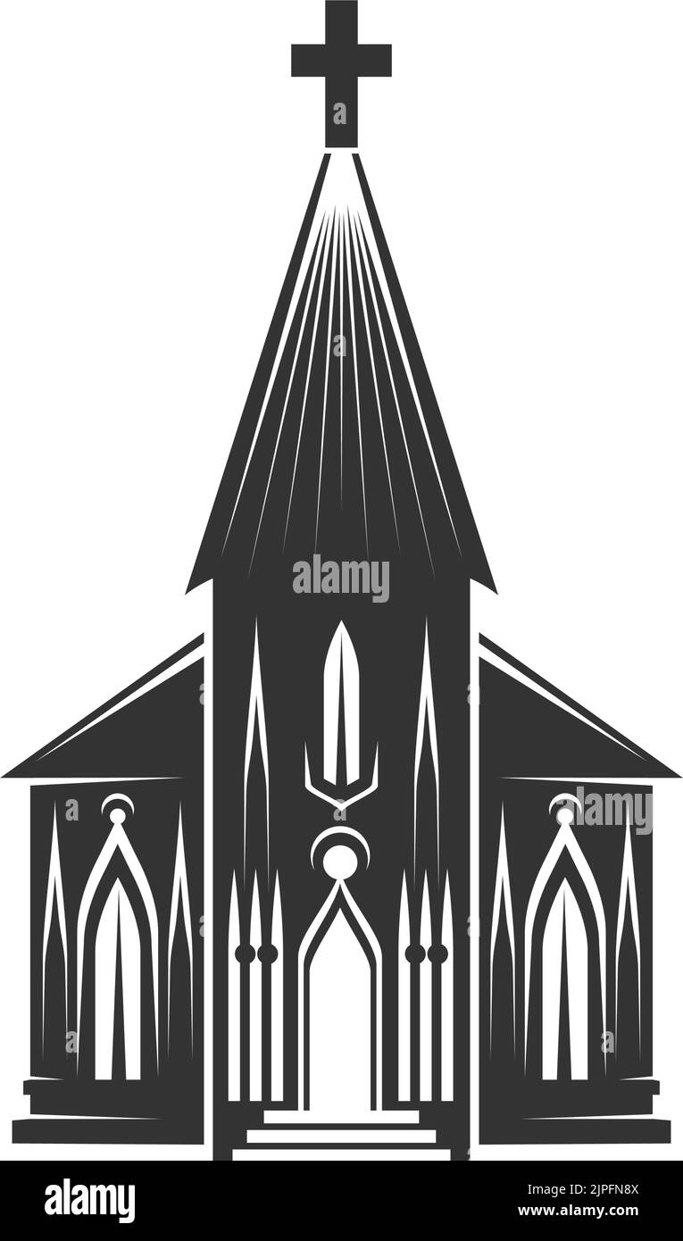 Church with tower isolated religion building facade. Vector holy ...