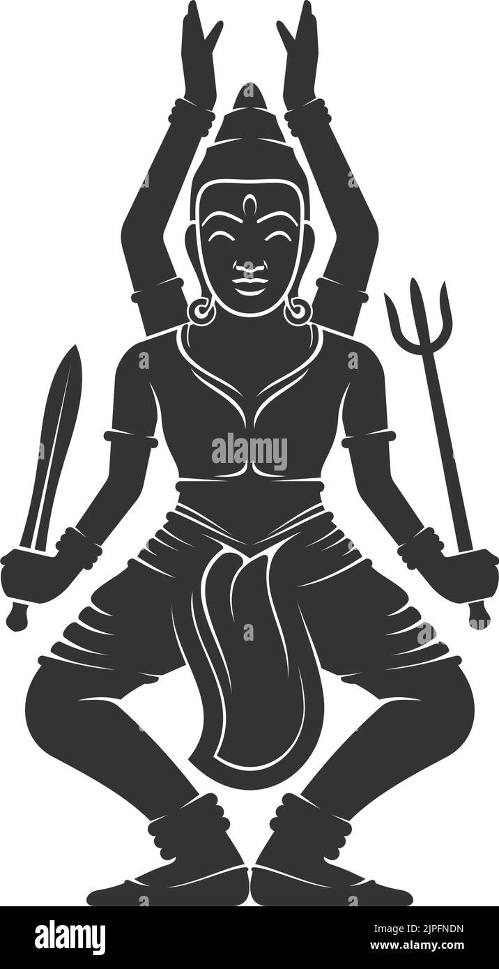 Vishnu holding sword Nandaka in right hand and trident isolated. Vector monochrome ganesh god ...