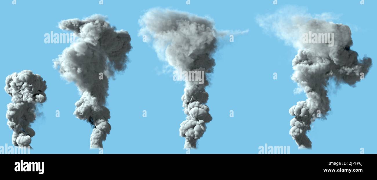 4 renders of dense gray smoke column as from volcano or large ...