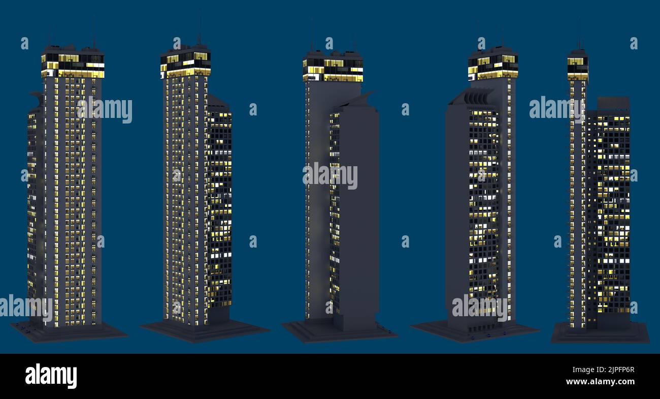 hi-tech fictional architecture at night with lights on, isolated side ...