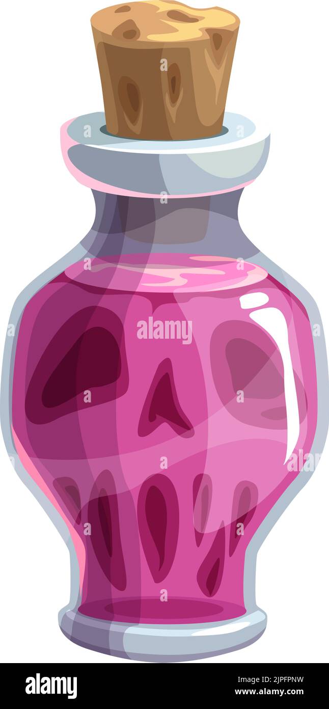 Bottle closed by cork with purple poison isolated. Vector magic elixir ...