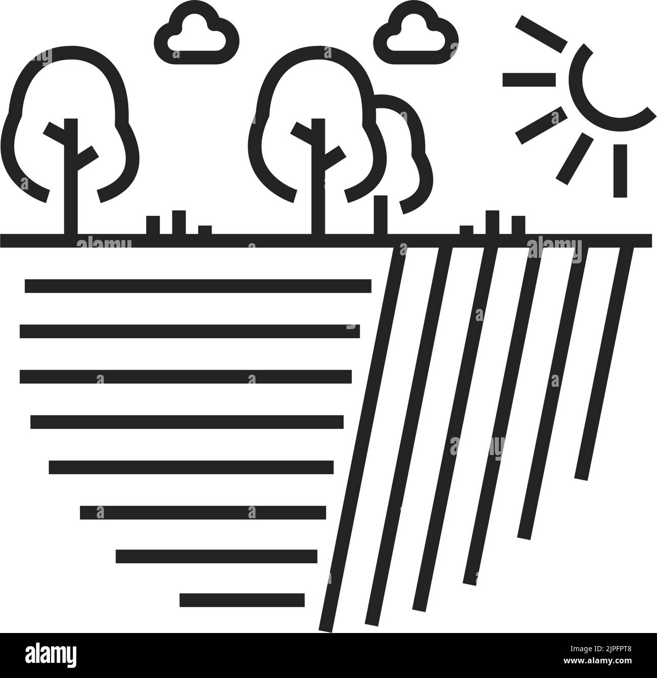 Rural farm landscape isolated monochrome icon. Vector trees and fields ...