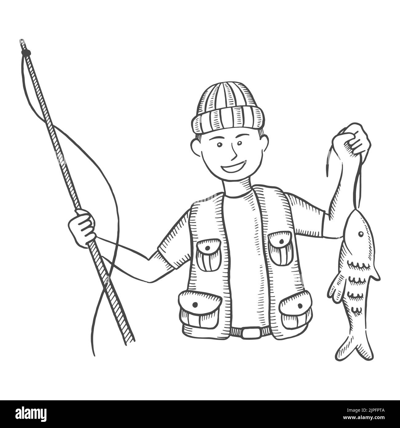 fishing fisherman catch fish isolated doodle hand drawn sketch with ...