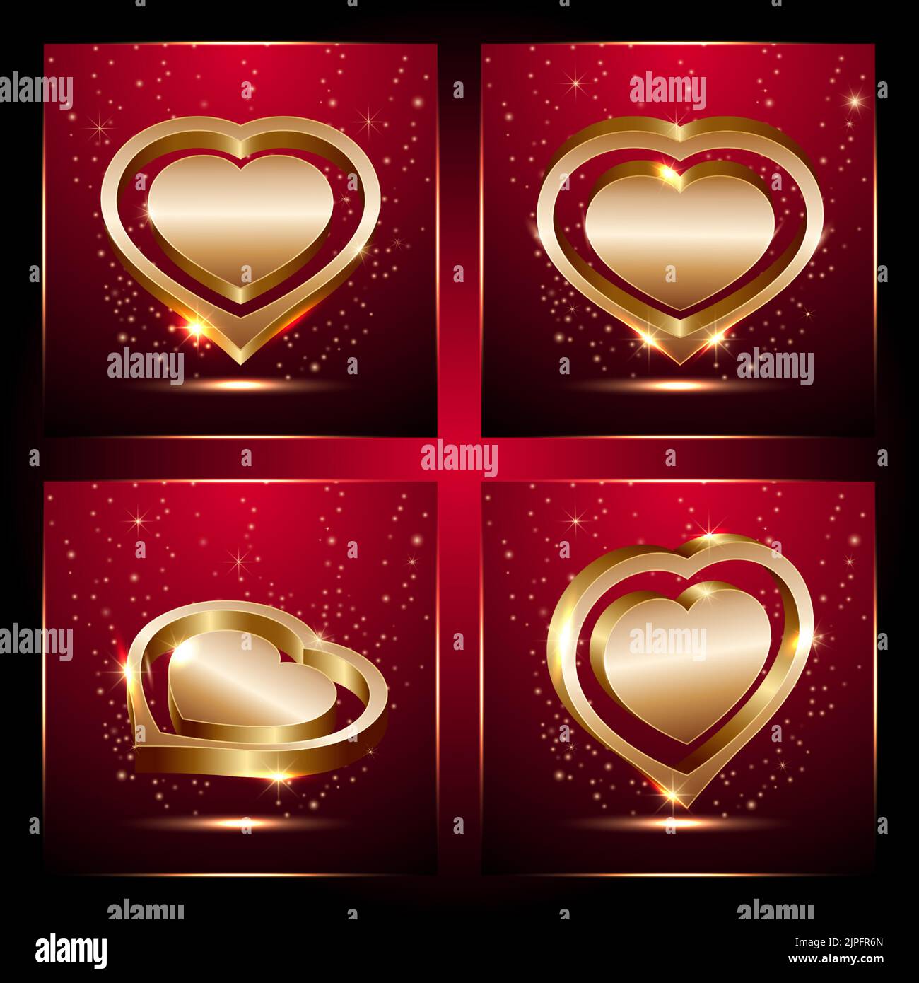 Set realistic 3d gold heart icon with red background and glitters ...