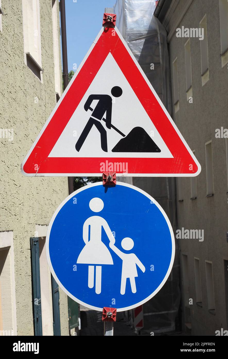 Warning signs, road works and pedestrian area traffic sign Stock Photo ...
