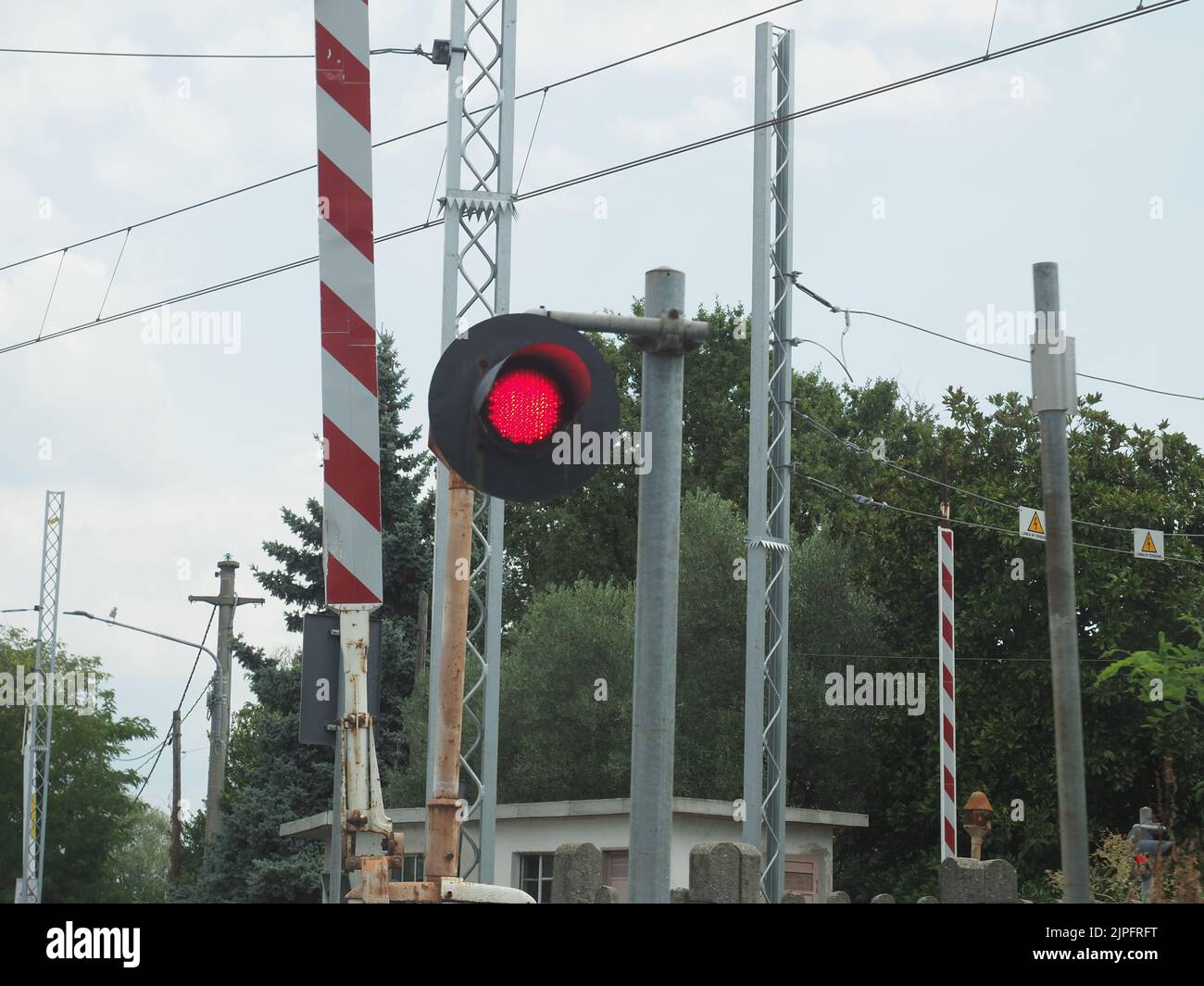 rail level crossing with red signal and barrier Stock Photo - Alamy