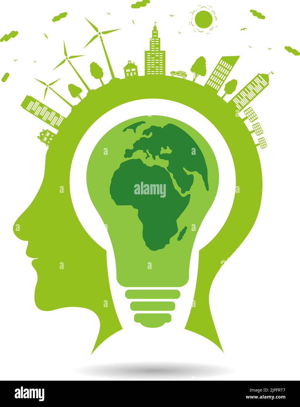 Silhouette of a human head with lightbulb inside. Planet earth inside ...