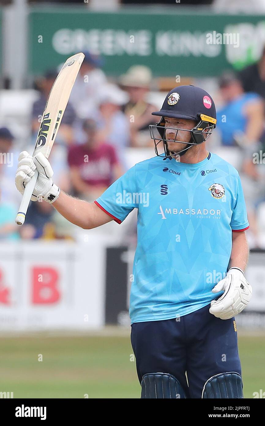 Tom Westley of Essex raises his bat to celebrate reaching his fifty ...
