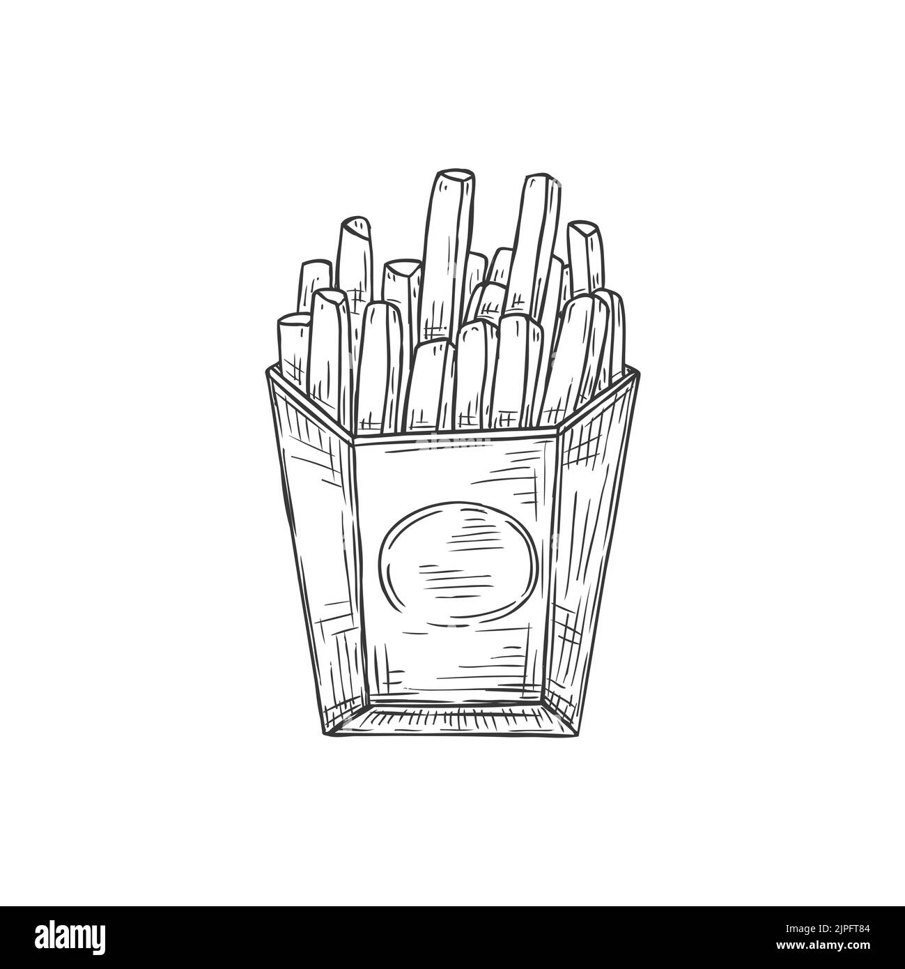 French fries in package isolated fast food snack monochrome sketch icon ...