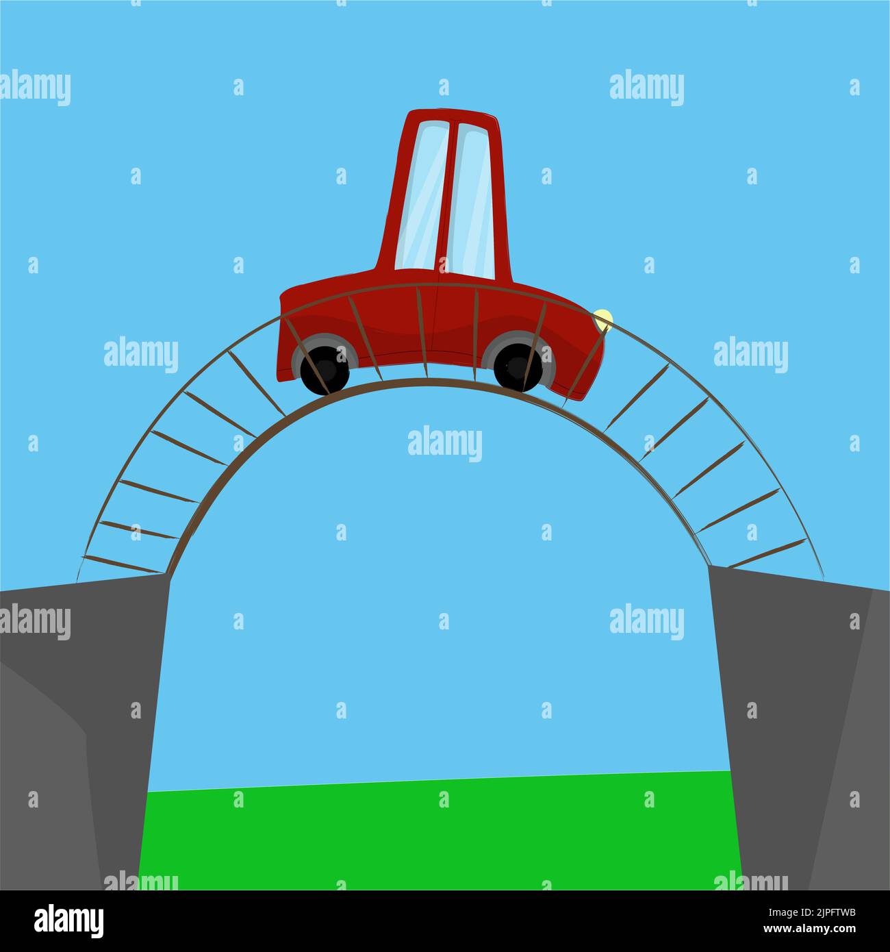 Cute cartoon red car on the bridge above the green meadow. Children ...