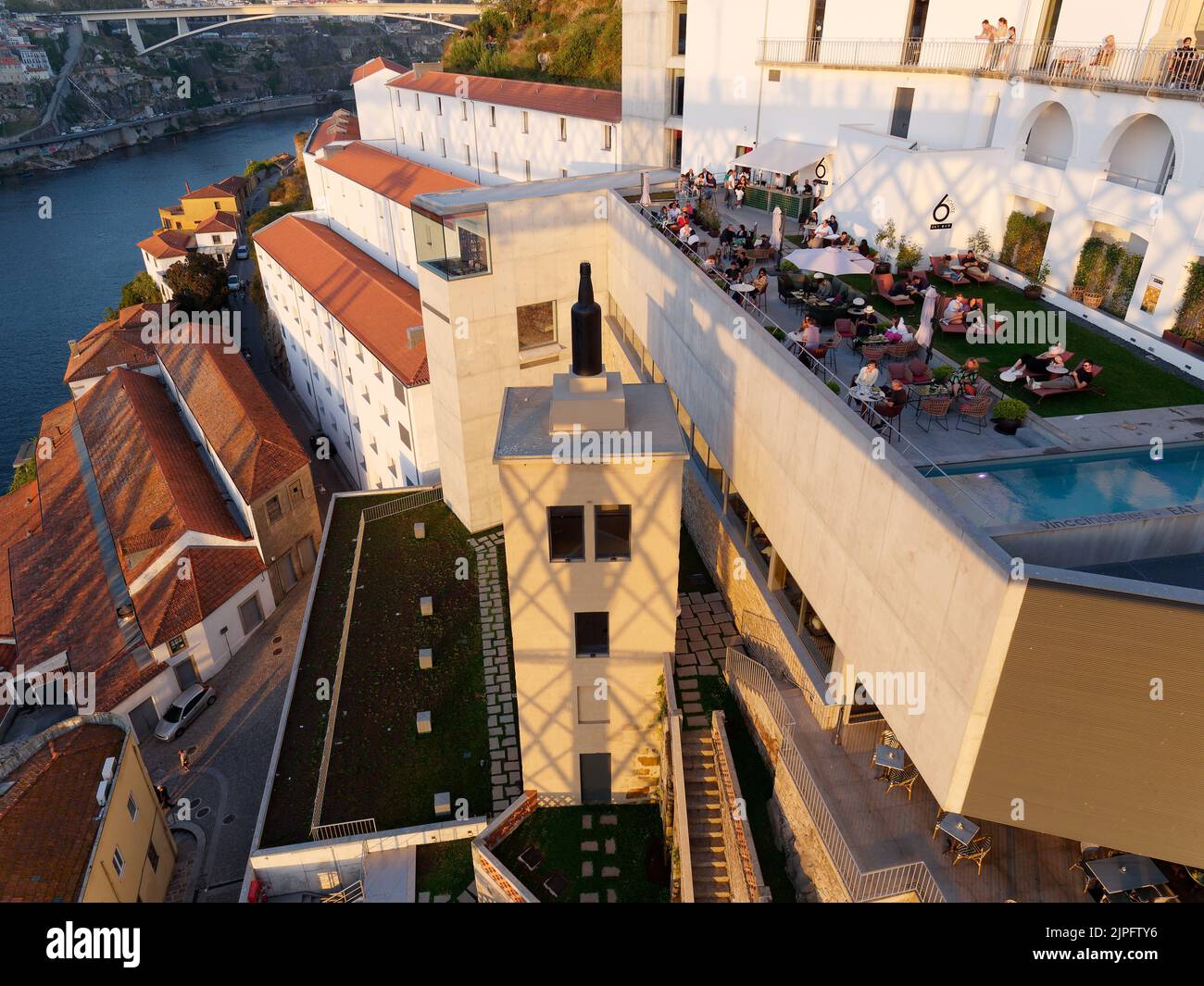 Restaurant with pool overlooking the Douro river in Porto Portugal. A ...