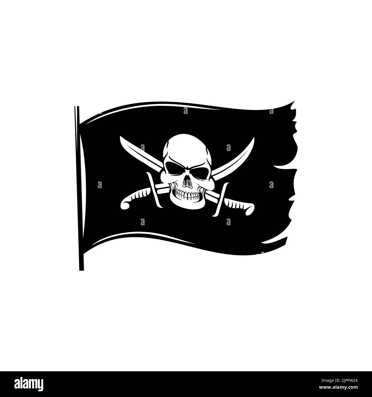 Pirate flag with skull and crossed sabers vector icon, waving black ...