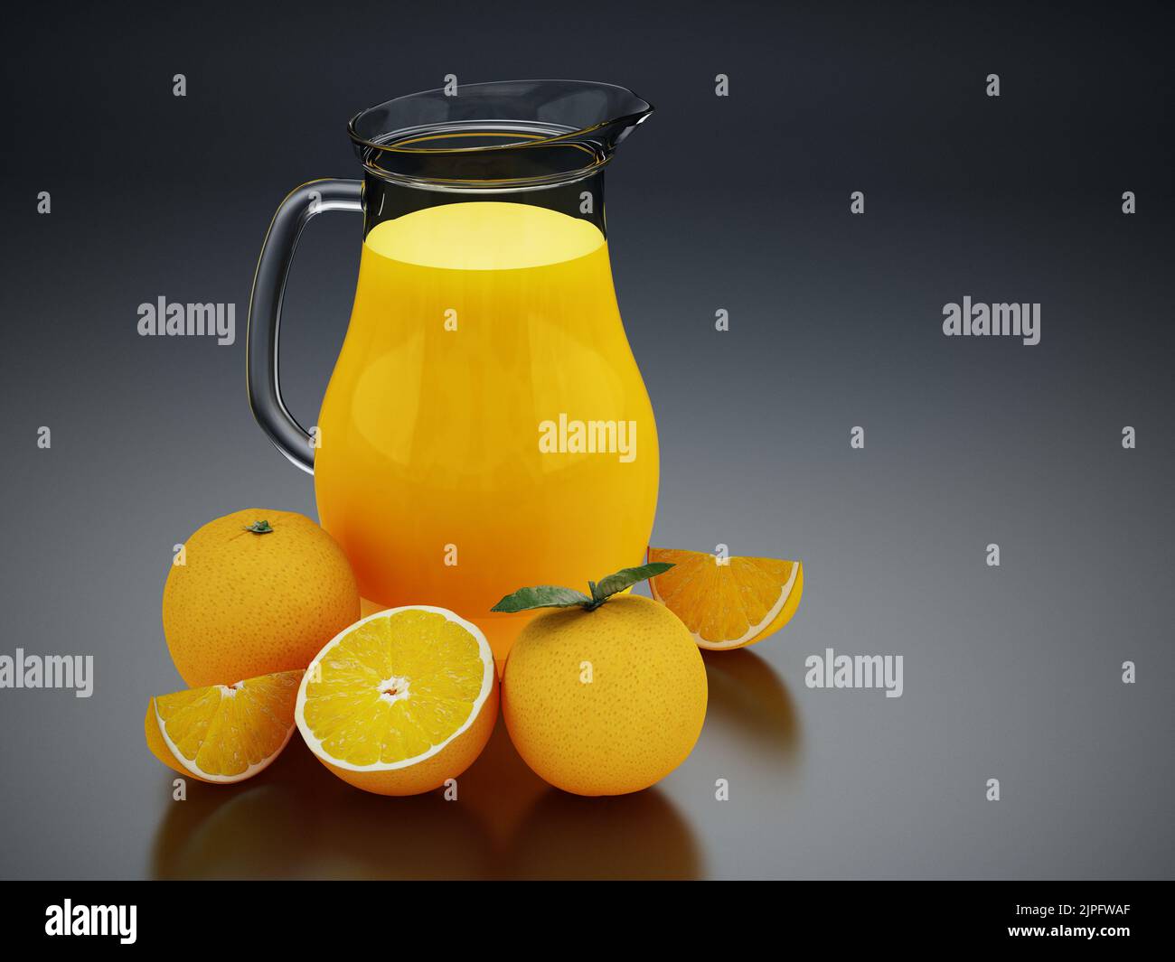 Orange juice jug and half cut oranges isolated on white background. 3D ...