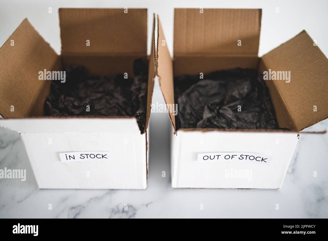 In stock vs out of stock texts inside of empty shopping basket, concept ... In stock vs out of stock texts inside of empty shopping basket, concept ...