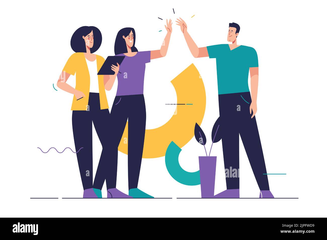 Flat Style Outline Vector Illustration Depicting Group Of People On The Subject Of Teamwork