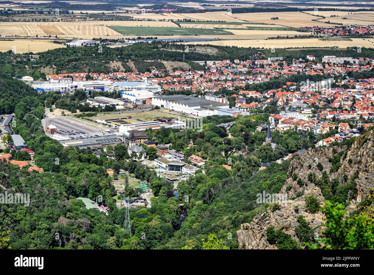 A view of Thale from the Hexentanzplatz in the Harz Mountains under a ...