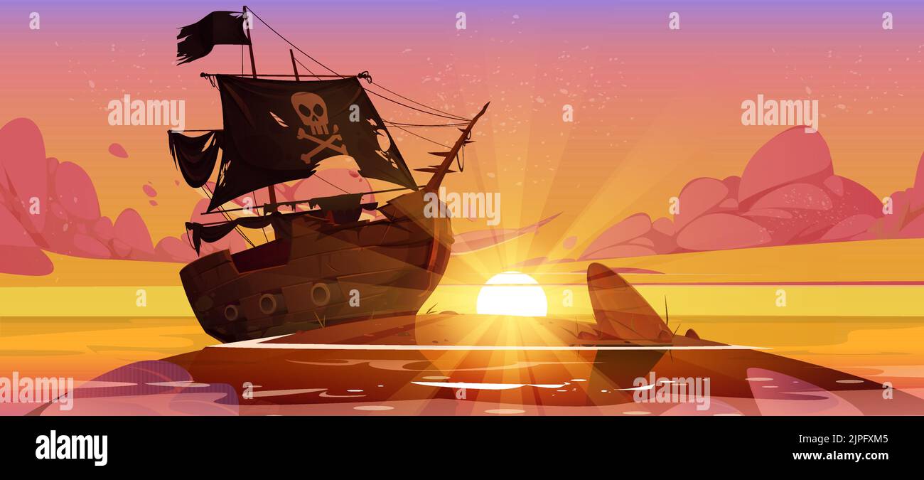 Pirate ship stuck on shallow in sea at sunset time. Filibuster boat ...
