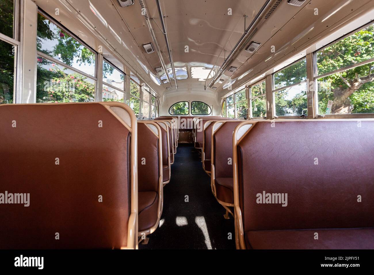Interior of a 1951 Brill school bus. It is one of more than 20 antique ...
