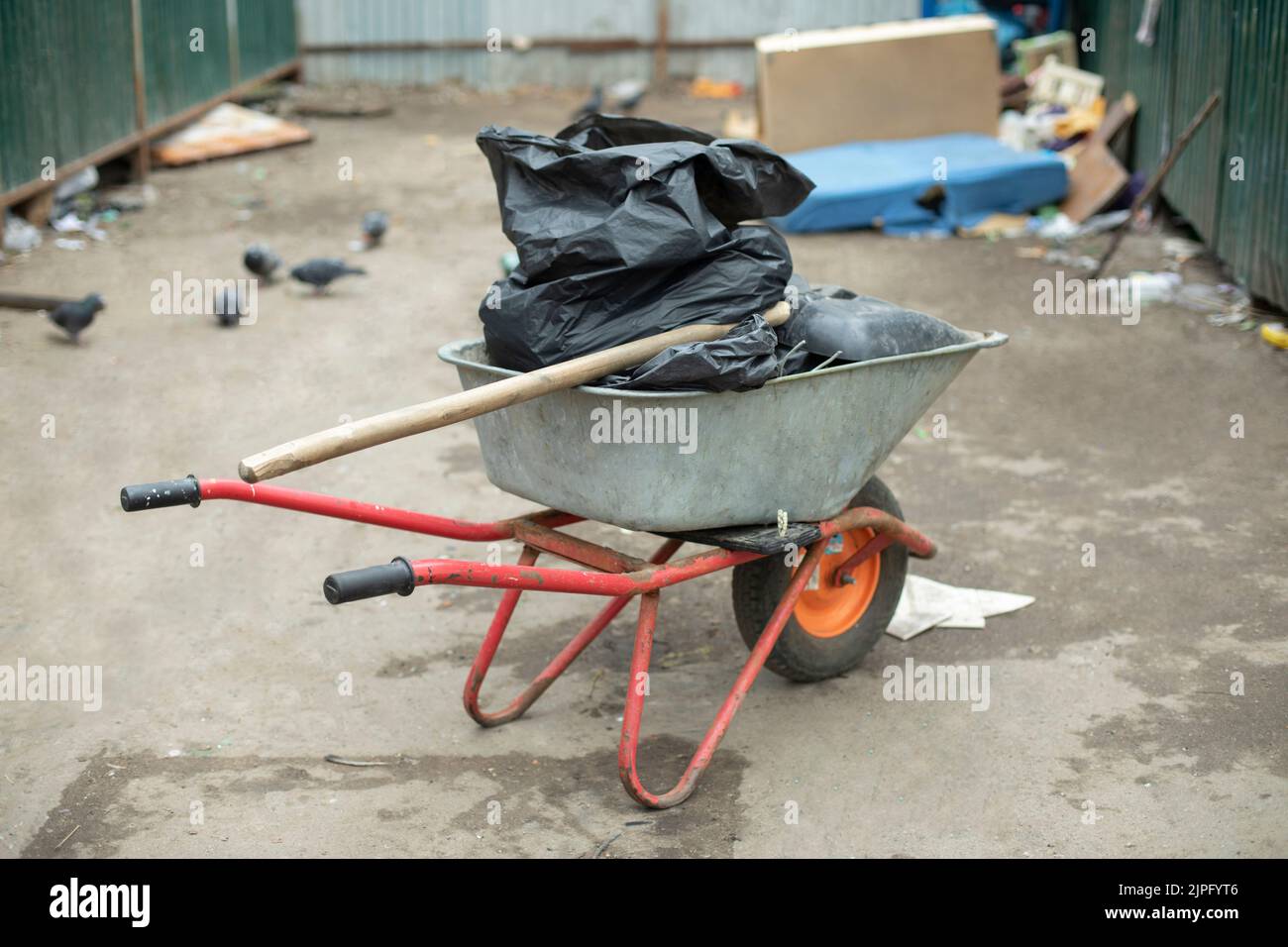Garden cart with black bags inside. Cleaning of territory ...