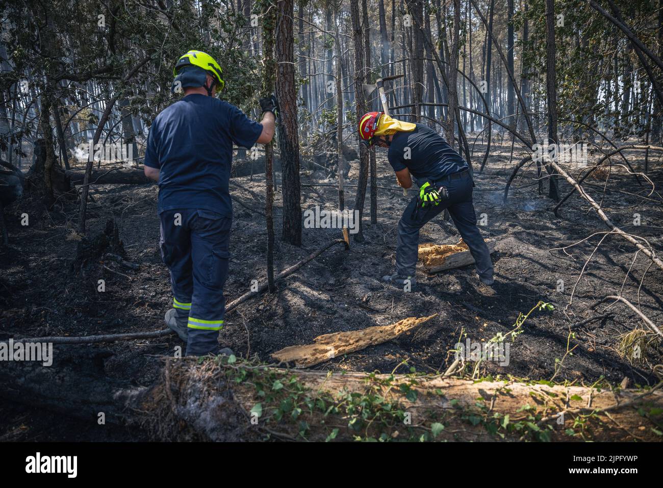 Photo dated August 12, 2022 of Romanian firefighters battle a wildfire ...