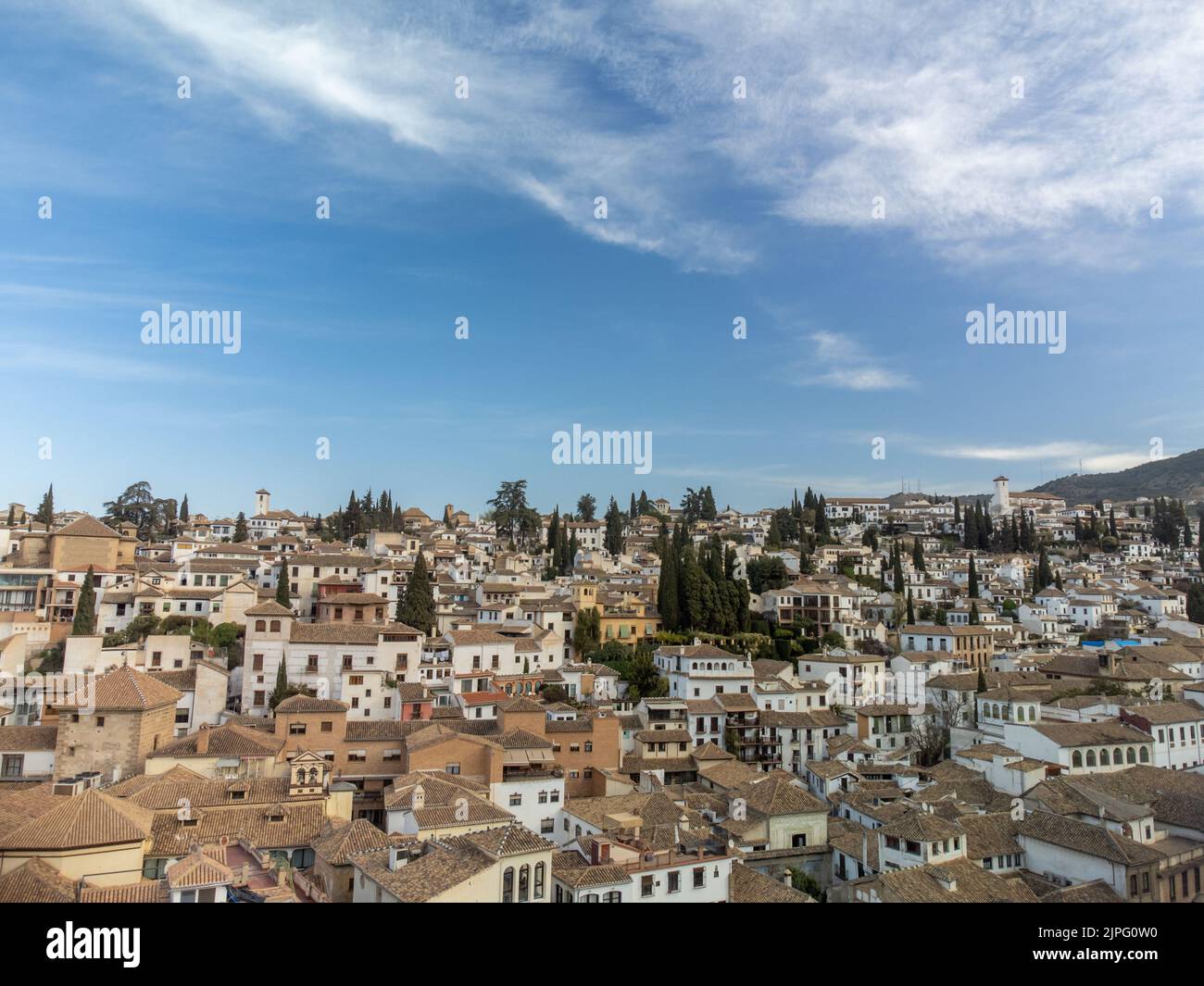 Aerial panoramic view on buildings, old district, mountains and palace ...