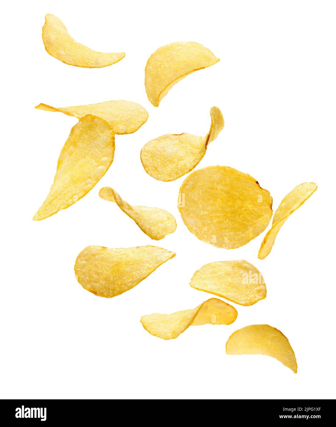 Flying crispy potato chips isolated on white background Stock Photo - Alamy