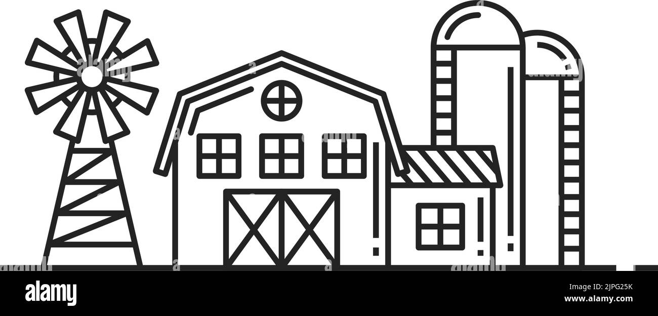 Farmland isolated rural buildings icons. Vector windmill and grain ...
