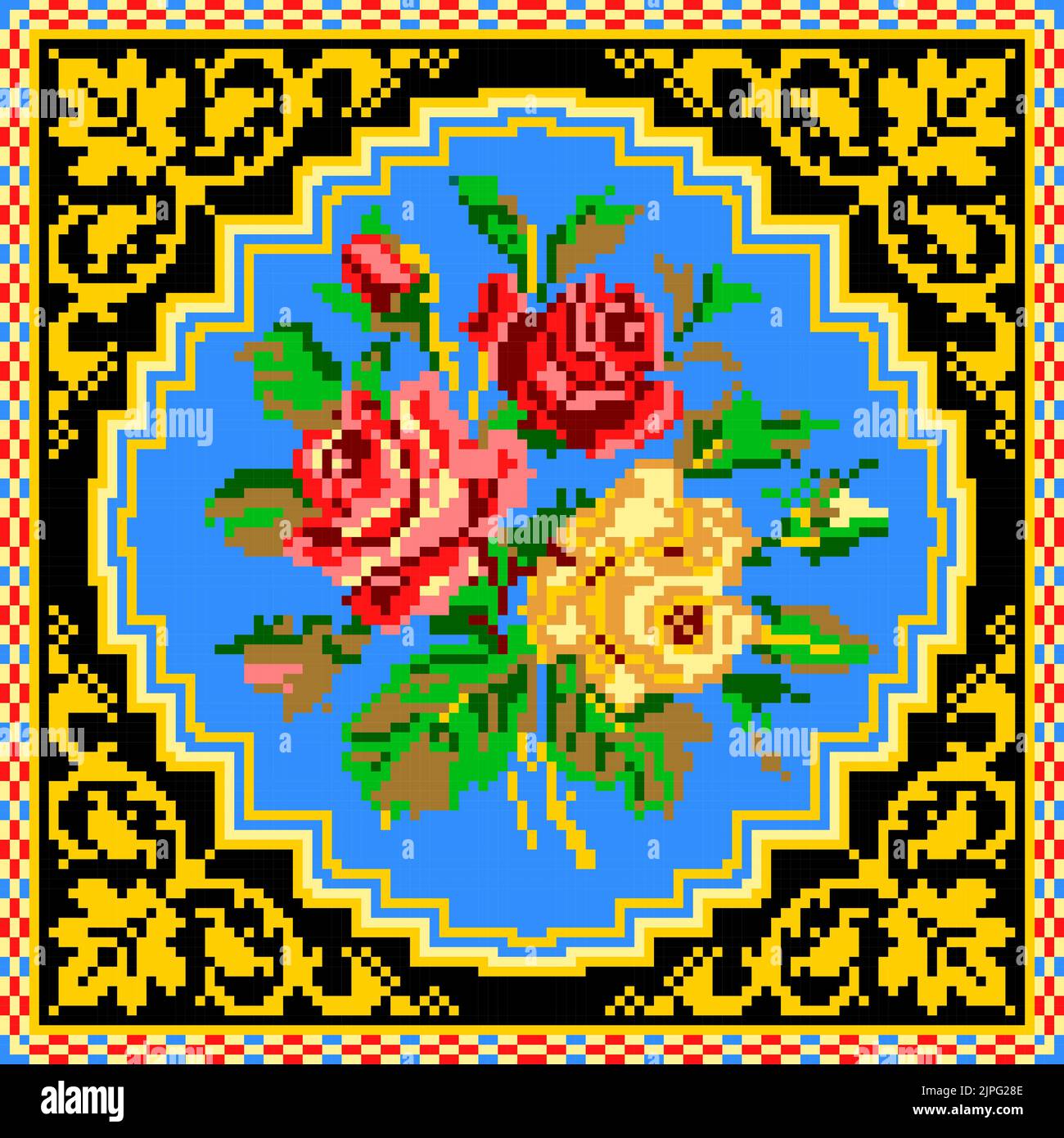 Bouquet of roses and ornamented border frame. Cross stitch pattern ...