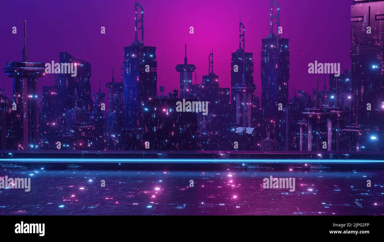 SciFi CityScape Night Scene Panorama Night City Banner Background 3d ...
