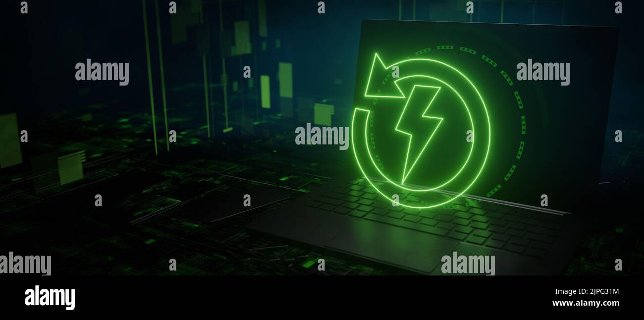Green arrow glowing on a laptop with technology effect background ...