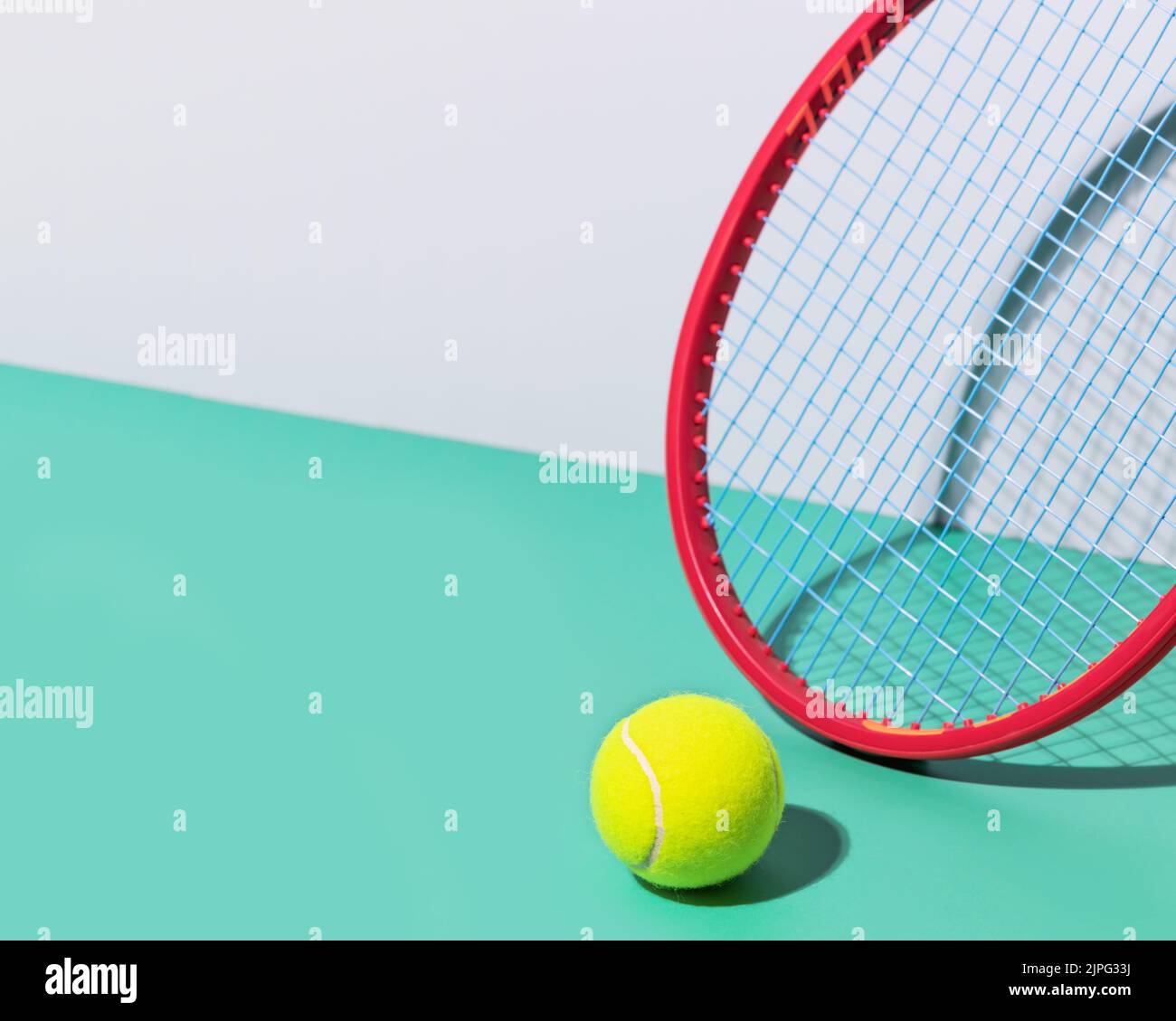 Minimalistic, tennis composition with red tennis racket and yellow ...