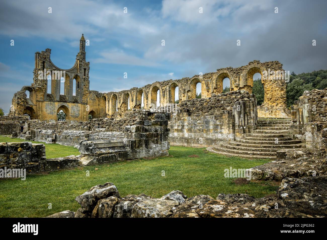 A low-angle view of an ancient building in Byland Abbey, England Stock ...