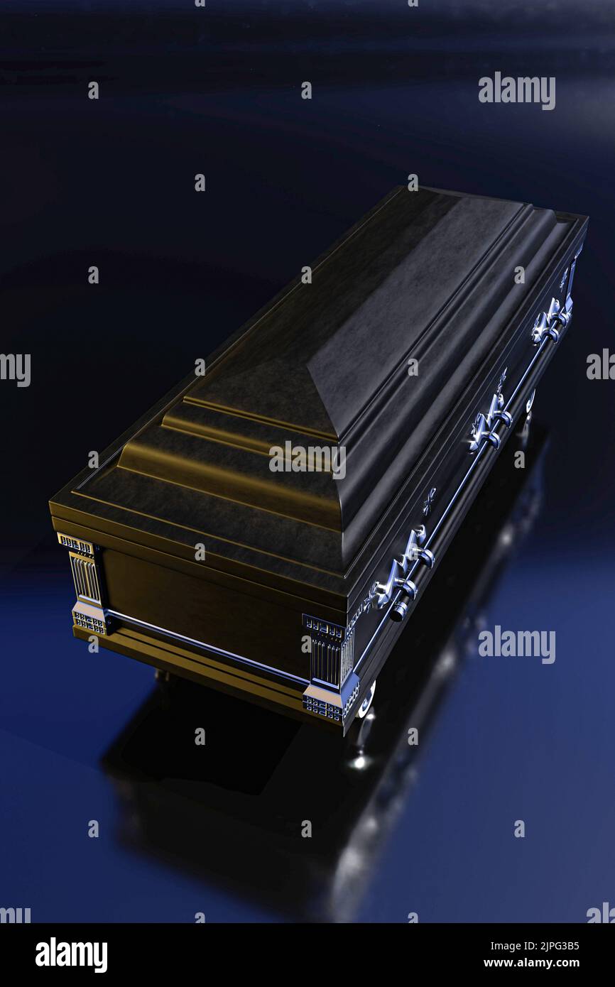 black coffin isolated on blue background 3d illustration Stock Photo ...