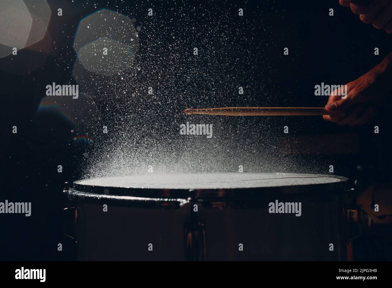 Close up drum sticks drumming hit beat rhythm on drum surface with ...