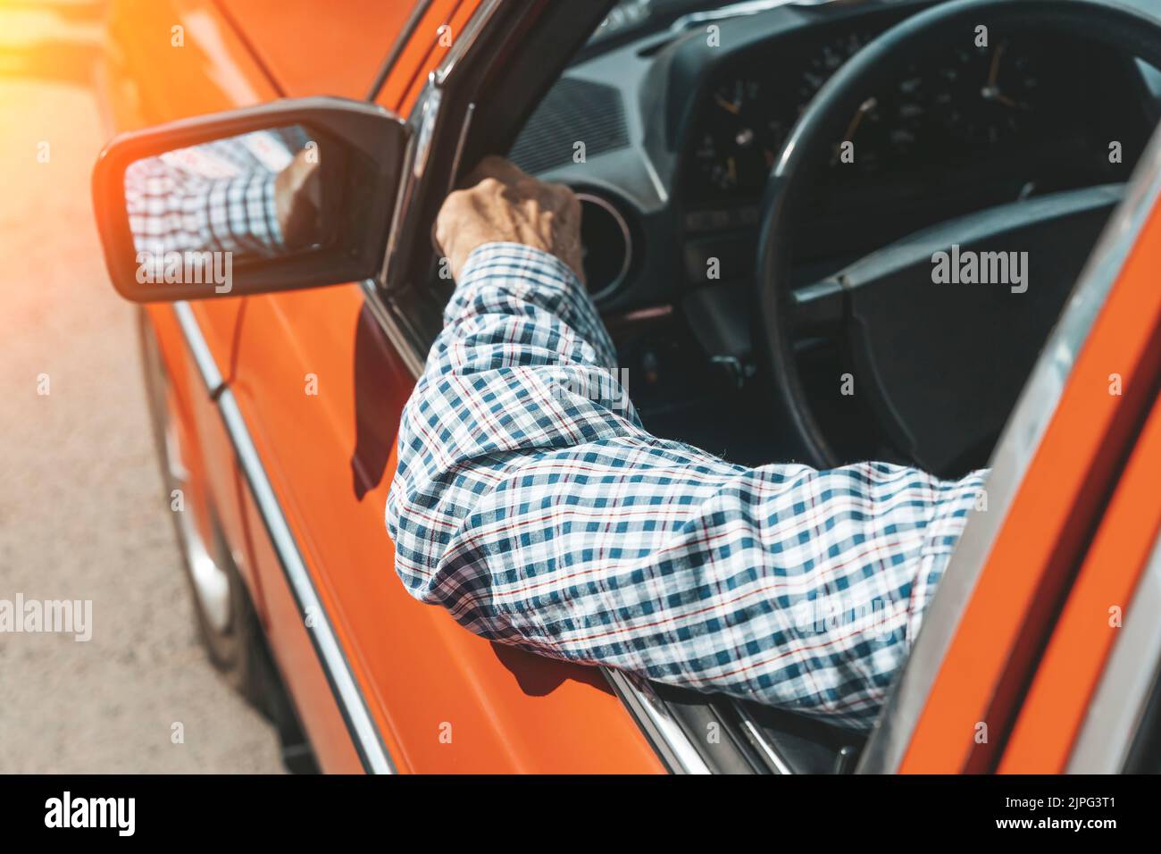 Driver travels in the summer in a vintage car. Lifestyle, vintage ...