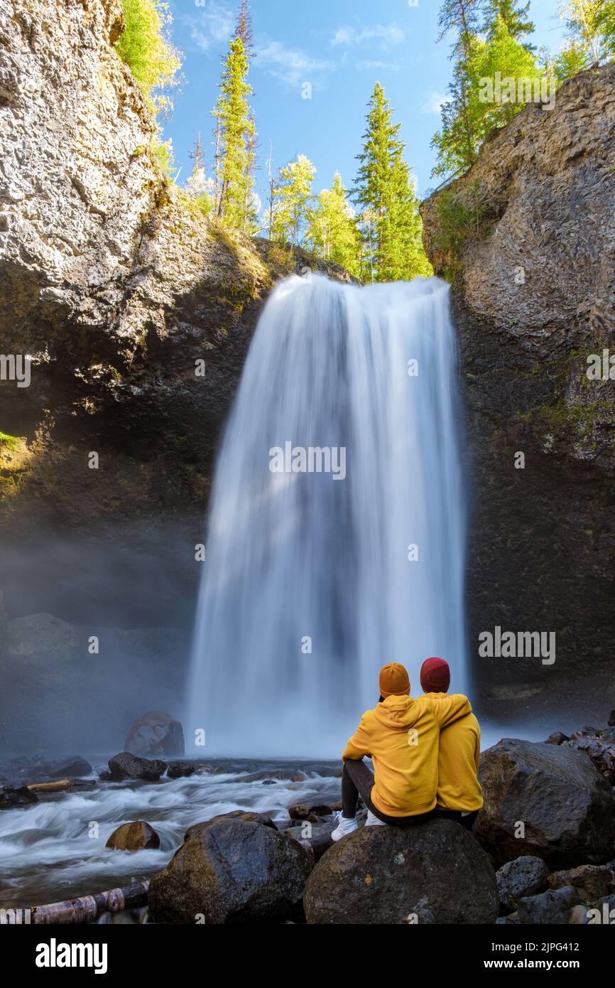 Beautiful waterfall in Canada, couple visit Helmcken Falls, the most ...