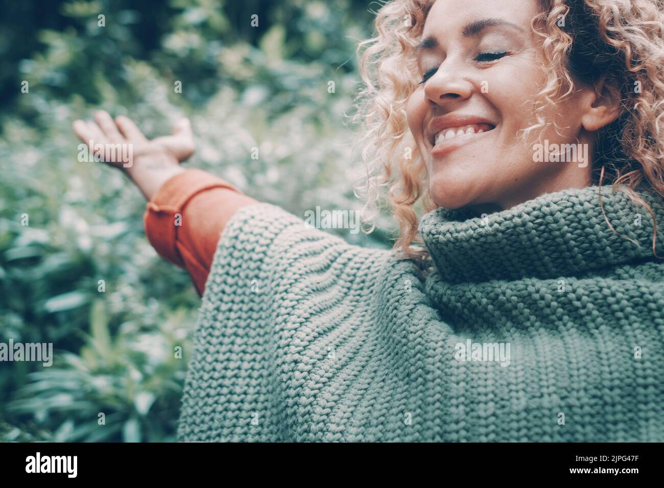 Happiness and freedom emotions with close up portrait of excited woman ...