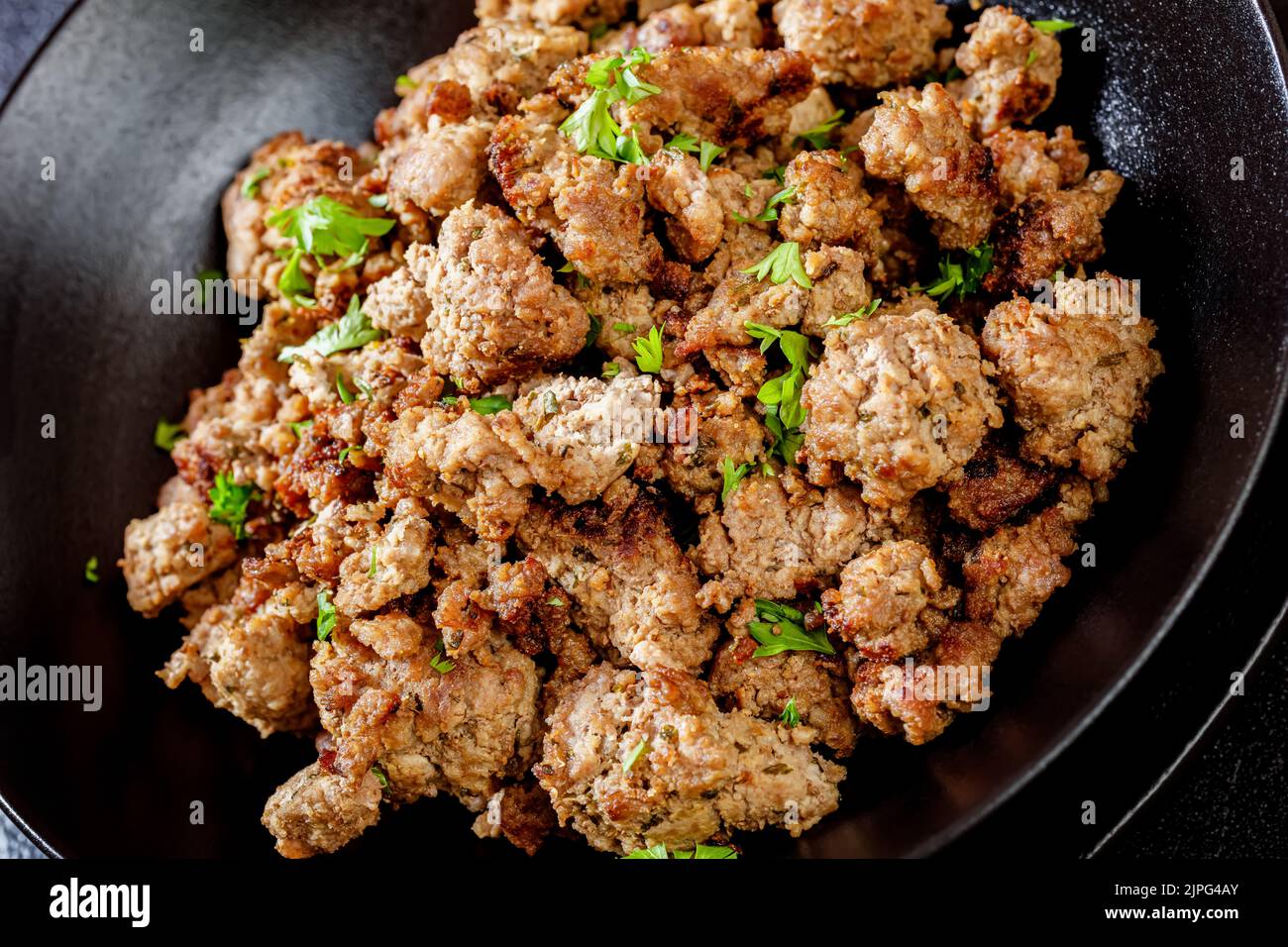 close-up of fried Italian sausage of freshly ground pork meat and ...