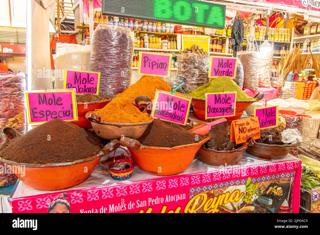 Bowls of mole for sale at Coyoacan Market in Mexico City, Mexico Stock ...