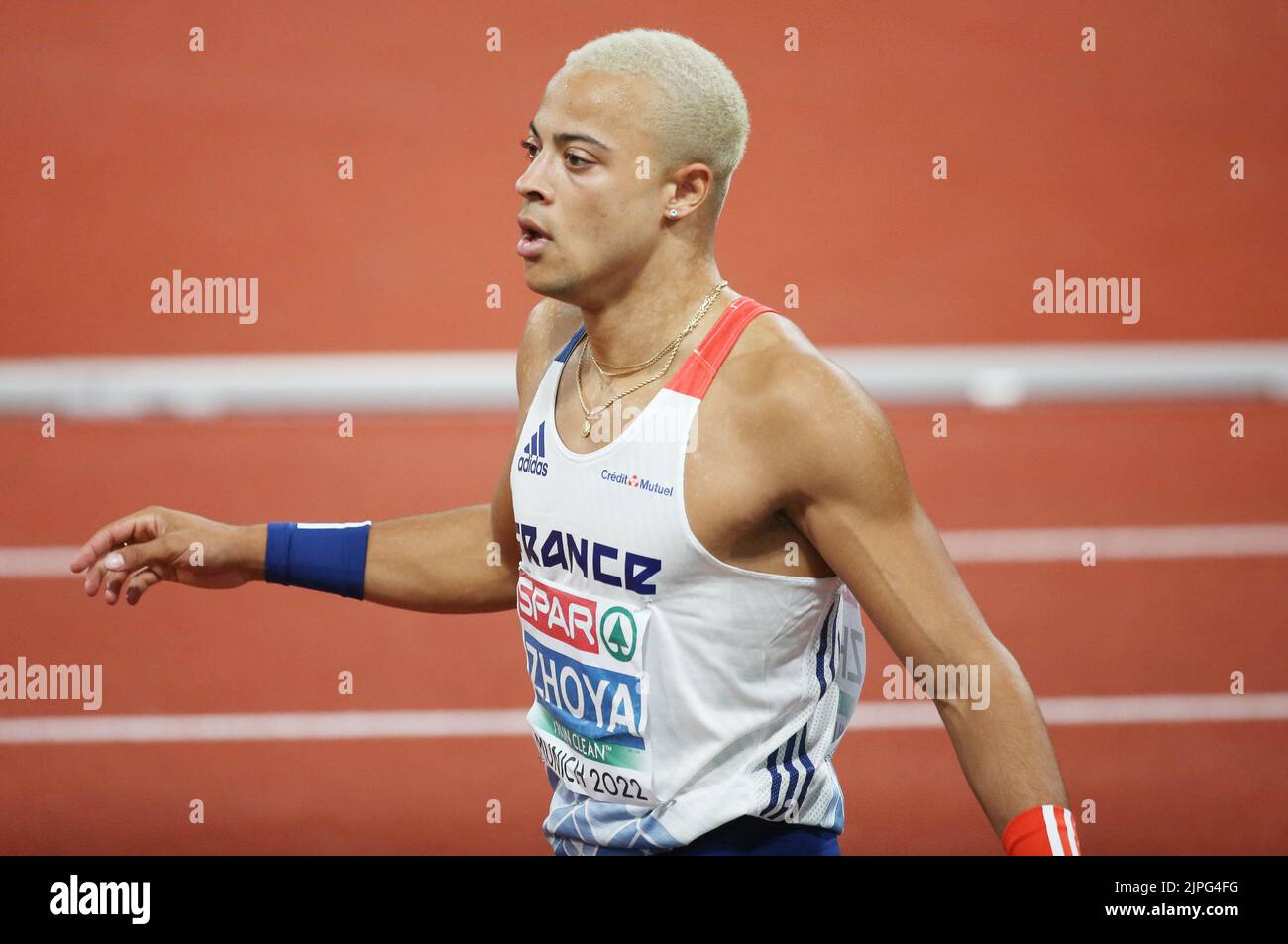 Sasha Zhoya of France during the Athletics, Semi-final Men's 110m ...