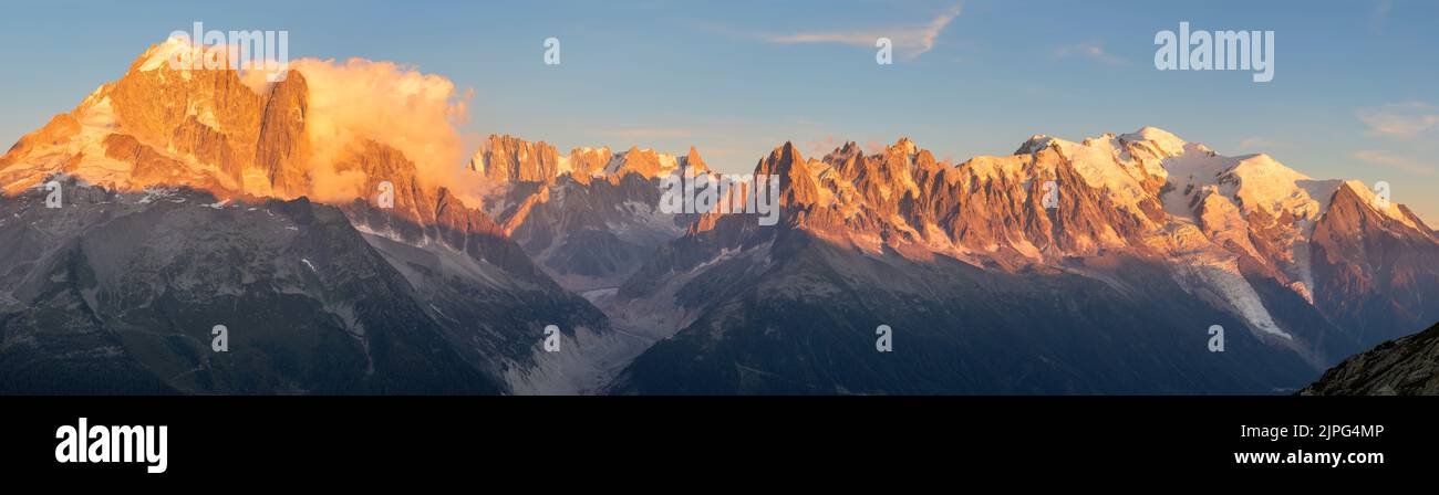 The panorama of Mont Blanc massif Les Aiguilles towers, Grand Jorasses ...