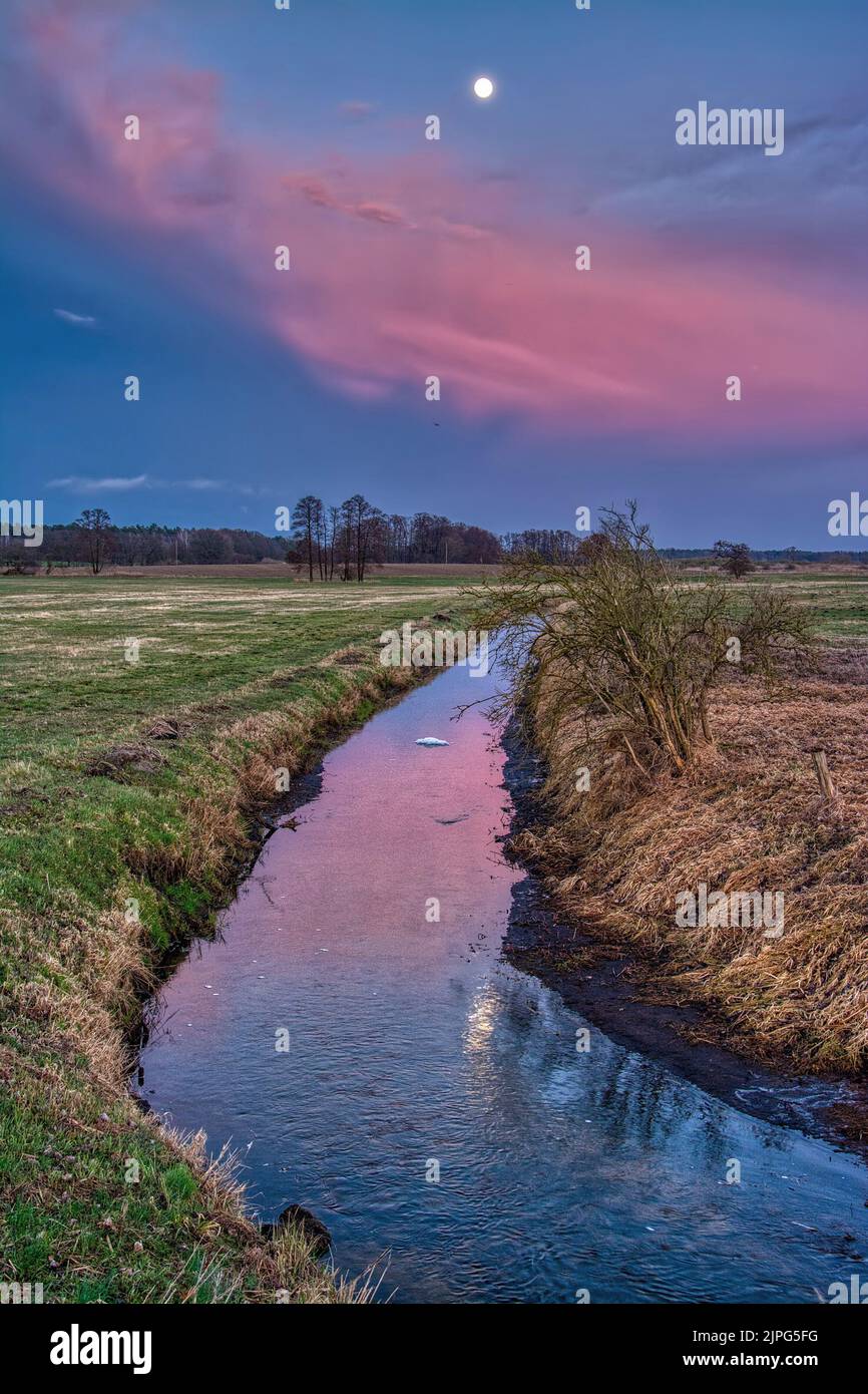 A vertical shot of a reflective river flowing through the field under ...