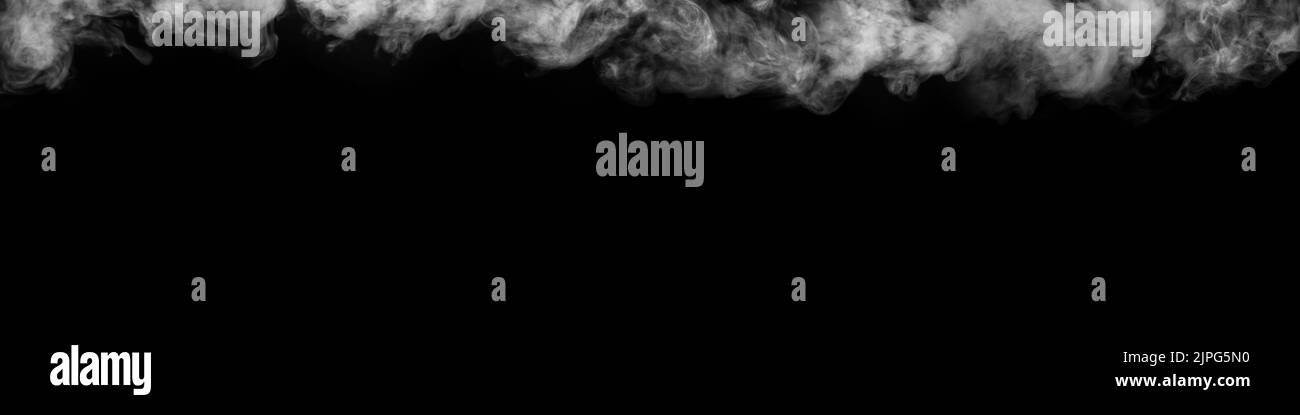 Panorama of steam, smoke, gas isolated on a black background. Swirling ...