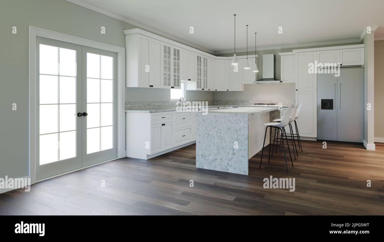 3d rendering of an interior with a white kitchen Stock Photo - Alamy