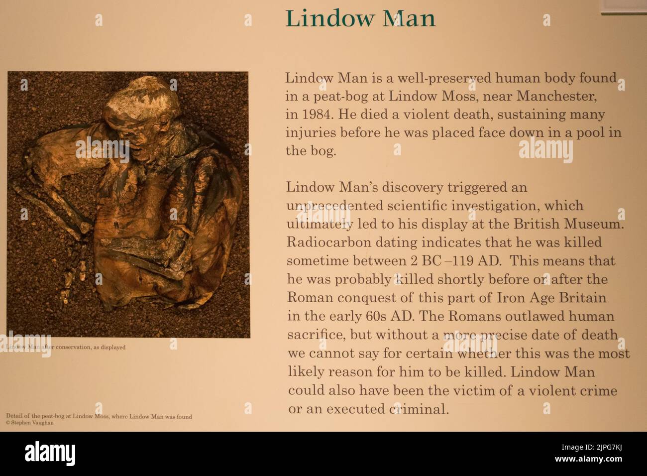 A closeup of a description of Lindow Man statue in London, England, UK ...