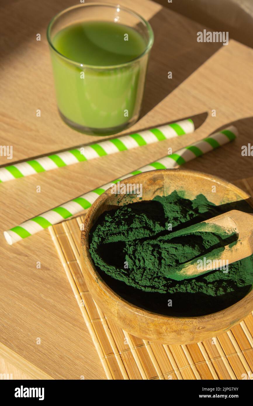 Blue-green algae Chlorella and spirulina powder, dietary supplement for ...