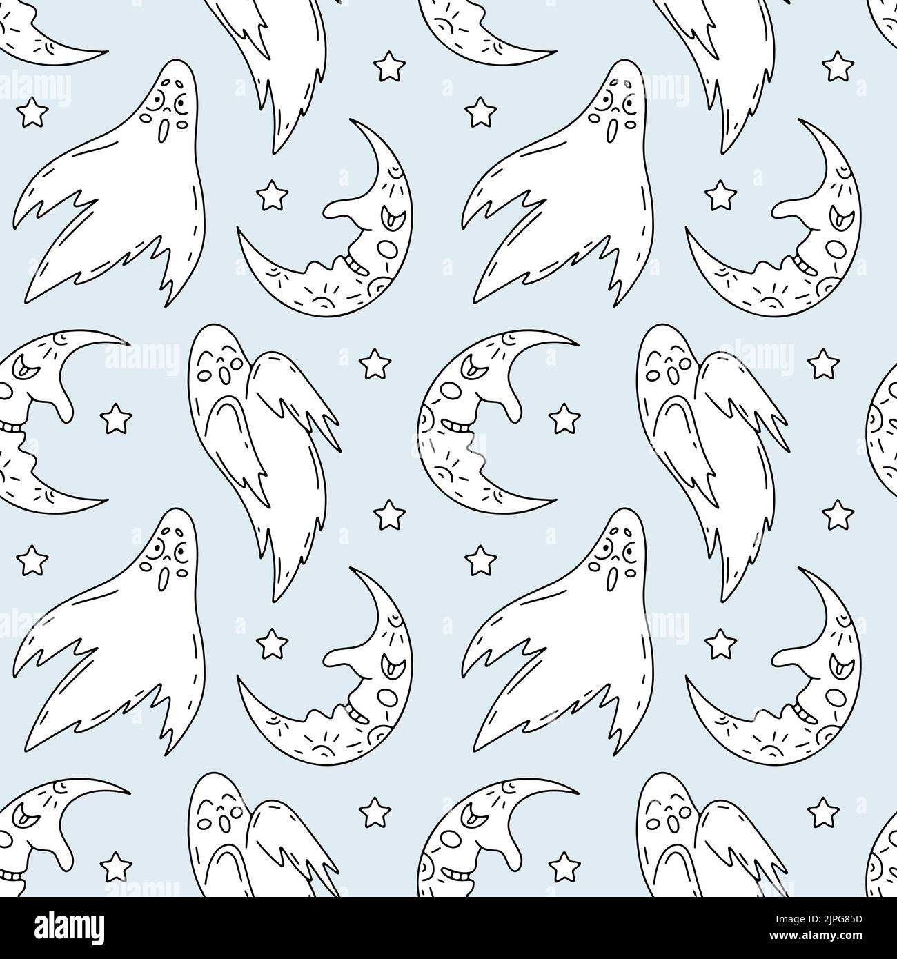 Halloween seamless pattern with cute cartoon ghosts and half moons on ...