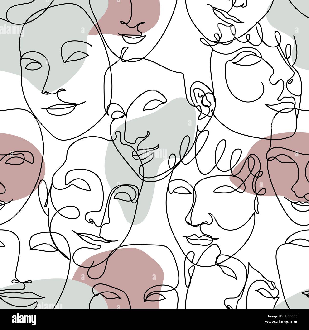 Seamless pattern with black single line drawings of female face and ...
