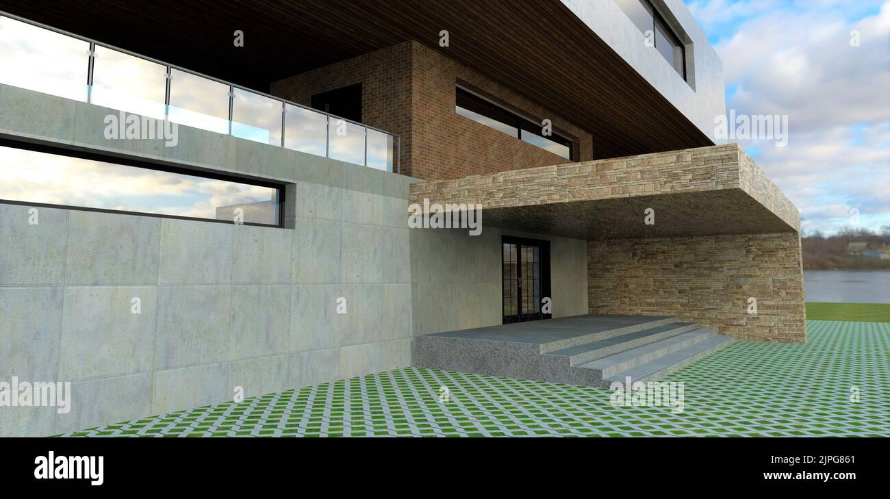 Conceptual design of the porch of a futuristic house. Sliding automatic ...